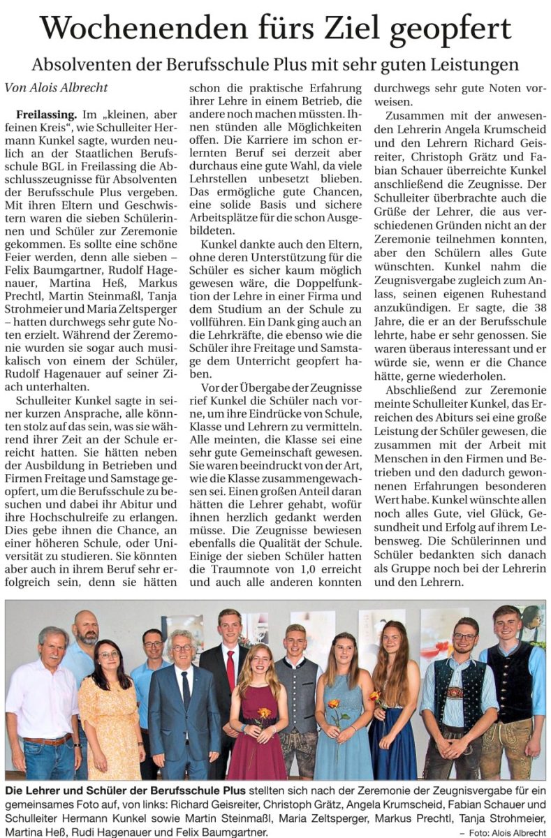 Absolventen der Berufsschule Plus mit sehr guten Leistungen ...